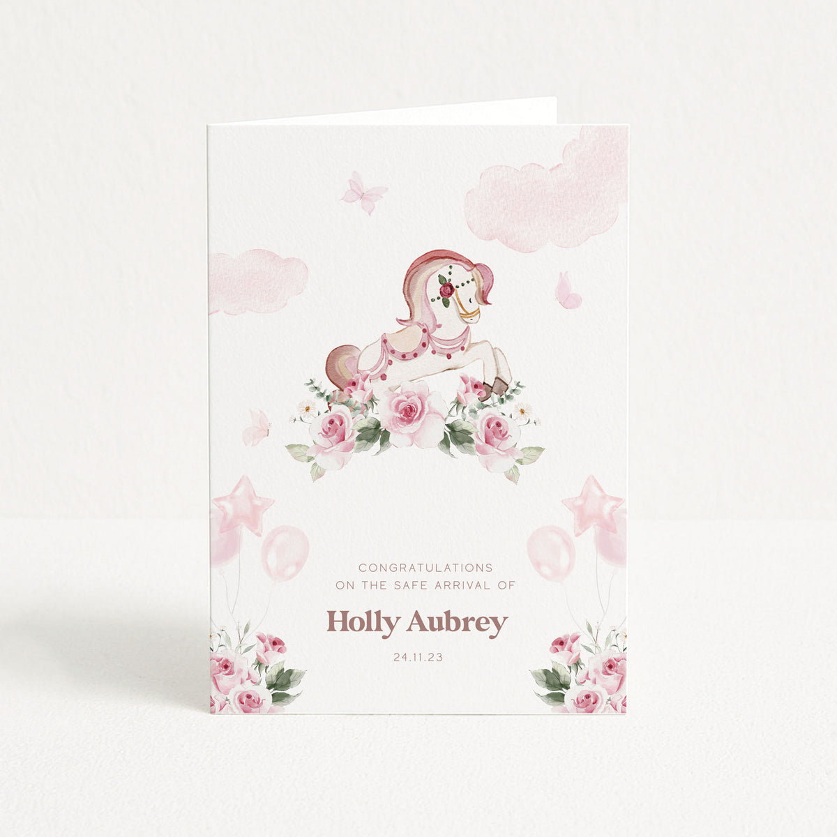Floral New Baby Girl Card - Personalised Rockinghorse Design | Elle Bee ...